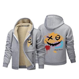 Generico RUMAOZIA Veste à capuche pour homme - Doublure chaude en polaire Sherpa et imprimé smiley - Veste dhiver doublée avec fermeture éclair - Veste décontr