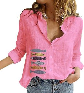 Generic T-shirt ample &agrave; manches longues et revers pour femme, rose, 4XL