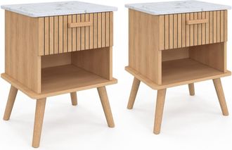 IDMarket Set aus 2 Nachttischen Juliette Platte in Marmoroptik 1 Schublade mit Nische Latten Holzleisten