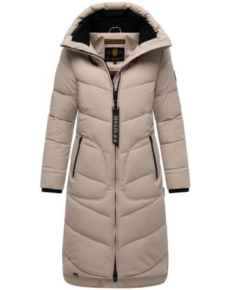 Marikoo Damen langer Wintermantel warmer Steppmantel mit verstellbarer Kapuze Benikoo Light Taupe Gr. XXL