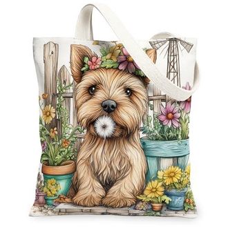 Generic Spring Lakeland Terrier Sac fourre-tout en toile r&eacute;utilisable pour faire du shopping, 33 x 38,1 cm, motif chiot de campagne de ferme, sac d&eacute;picerie po