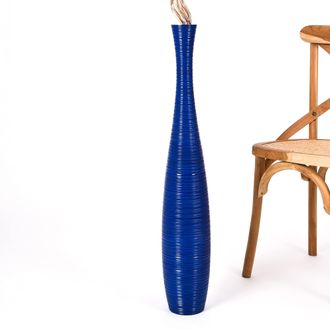 Leewadee Große Deko Bodenvase Für Dekozweige, Hohe Standvase Für Pampasgras, Design Holzvase, 85 cm, Blau