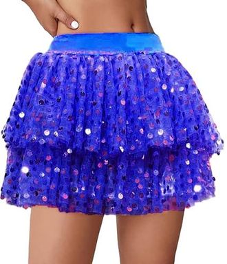 Generic Jupe en mousseline de soie pour femme - Couleur unie - Mini jupe de danse &agrave; bulles - Jupe courte - Jupe de lit double avec pompons, bleu, Taille uniqu
