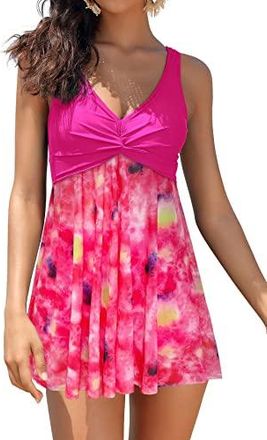 SHEKINI Femme Elégant Maillot de Bain Une Pièce avec Jupette Ruched Rembourré Fil Net Imprimé Contrôle Ventre Gainant Robe de Bain Grande Taille(XL,C Rose Flu