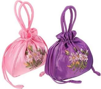IFUNDOM Lot de 2 Pochettes Femme Brod&eacute;es en Polyester Paquet &agrave; Cordon Ethniques Violet et Rose Petits Paquet &agrave; Main Polyvalents pour Sorties Voyages et Usage 