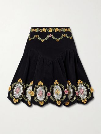 Agua Bendita Mini-jupe En Velours De Coton M&eacute;lang&eacute; &Agrave; Broderies Et &Agrave; Festons Asai Cordillera - Multicolore