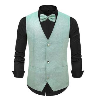Generico Gilet brillant de costume décontracté pour homme en laine avec motif chevrons et col en V pour carnaval, mariages et parrains Blazer Slim Fit, vert, X