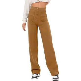 Generic Pantalon de travail extensible taille haute avec boutons pour femme, jambe droite, d&eacute;contract&eacute; et extensible, kaki fonc&eacute;, XXL