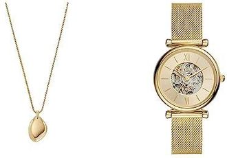 Skagen Collier pour femmes Collier à pendentifs,ton or,longueur:450mm+50mm,largeur : 15.3mm,hauteur:21.6mm+Fossil Montre pour femmes Carlie Automatic/3 Hand 