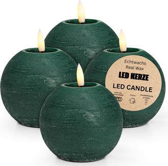 Matches 21 LED Kerzen Kugeln 4er Set aus Echtwachs mit Timerfunktion - Kerzen realistisch flackernde Flamme warmweiß Ø 10 x 9 cm - Elektrische Wachskerzen in Grü
