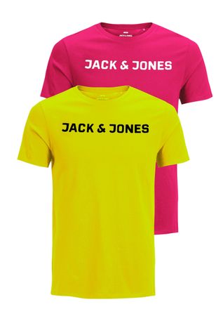 Jack & Jones Herren JJECORP Logo Tee SS Crew Neck 2er Pack T-Shirt, Fuchsia Rose/Safety Yellow, XXXL