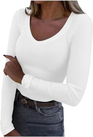 Generic T-Shirt Femme Manches Longues Col V C&ocirc;tel&eacute; Stretch Haut Basique Uni &Eacute;l&eacute;gant et Confortable pour Automne Hiver