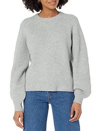 Amazon Essentials Pull-over côtelé à col ras-du-cou Femme, Gris Clair Chiné, M