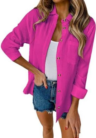 Generic Chemise en lin &agrave; manches longues pour femme - Chemisier d&eacute;t&eacute; pour femme - Boutonni&egrave;re - Avec poche de poitrine - T-shirt respirant - T-shirt d&eacute;t&eacute; - Ch