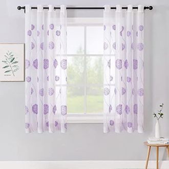 Miulee Rideau Voilage Blanc-Rideaux Salon Moderne avec Violet Motif Broderie, Tulle Rideau Transparent Oeillets, D&eacute;coration Interieur Voilage Fenetre Chambre