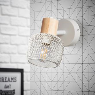 Lightbox Wandspot | 15 x 15 x 10 cm | Wandstrahler mit Gitter Schirm und schwenkbarem Kopf | Basis aus Kiefernholz | E14 Fassung | Schlafzimmer | aus Metall/Ho