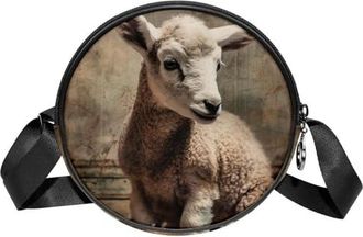 Generic Sac &agrave; bandouli&egrave;re rond pour femme, petit sac &agrave; bandouli&egrave;re vintage en forme de mouton avec fermeture &eacute;clair, bretelles r&eacute;glables, sac &agrave; main rond d&eacute;co