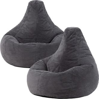 Icon Brand Dalton Sitzsack Cord, Dunkelgrau, 2er-Pack, Gaming Sitzsack Erwachsene mit Füllung, Bean Bag, Cord Sessel, Lounge Sessel, Lounge Stuhl, Schlafzimmer, 