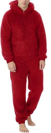 Generic Combinaison pour homme &agrave; capuche doubl&eacute;e en polaire avec fermeture &eacute;clair - Pyjama une pi&egrave;ce - Jogging - V&ecirc;tement de nuit pelucheux, Rouge, XXL