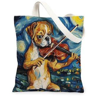 Generic Boxer Sac fourre-tout en toile r&eacute;utilisable pour faire du shopping 33 x 38,1 cm, motif violon nocturne &eacute;toil&eacute;, sac d&eacute;picerie pour femme, animal domest