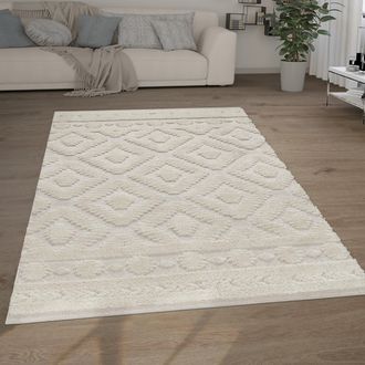 Paco Home Hochflor Teppich Wohnzimmer Shaggy 3D Optik Ethno Boho Vintage Look Weich, Gr&ouml;sse:120x160 cm, Farbe:Creme 8