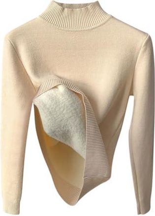 Minetom Pull Col Roulé Femme Pullover Manches Longues Doublé Polaire Pull Basique Chandail Casual Chaud sous-vêtement Thermique Hauts Tops B Beige XS