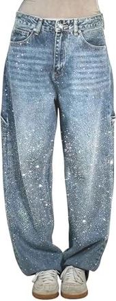 Generico Jeans Femme avec Paillettes Taille Haute Baggy, Printemps 2025 Mode Pantalon Denim avec Strass Pantalons Pantalon Brillantini Casual Jeans &agrave; Jambe Lar