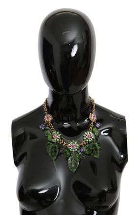 Dolce & Gabbana Green Feuilles en laiton dor&eacute; Collier de fleur de cristal en laiton