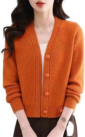 Generic Pull court &agrave; col en V pour femme - Cardigan de printemps en tricot - Petit manteau, Orange, Taille XL