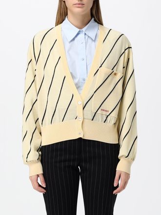 Versace Cardigan ray&eacute; en laine m&eacute;lang&eacute;e avec logo contrastant et col V