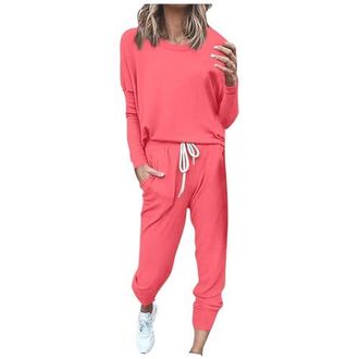 Generic Surv&ecirc;tement deux pi&egrave;ces pour femme en lin d&eacute;contract&eacute; &agrave; col rond et manches 3/4, pantalon &agrave; jambe large avec poches, v&ecirc;tement de d&eacute;tente pour femme, p