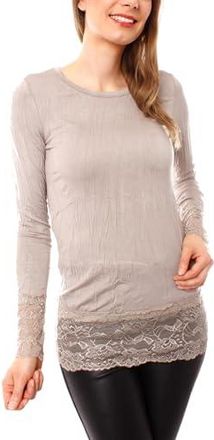 Easy Young Fashion T-shirt &agrave; manches longues pour femme avec dentelle, sous-v&ecirc;tement skinny, extra long, taupe, S-M