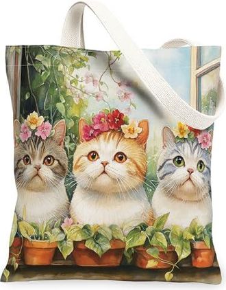 Generic Sac fourre-tout en toile motif chat exotique &agrave; poils courts pour faire du shopping, 33 x 38,1 cm, motif chat exotique avec fen&ecirc;tre en pot, sac d&eacute;picer