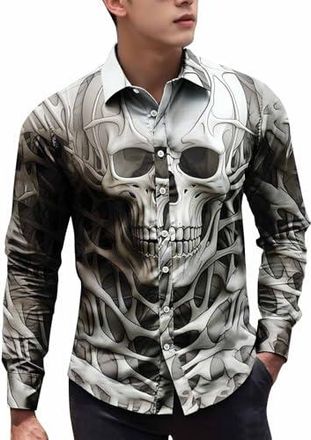 Generic Chemise &agrave; manches longues pour homme, coupe ajust&eacute;e, imprim&eacute; 3D, tendance, chemise daffaires, col &agrave; revers, chemise formelle, extensible dans les 4 se
