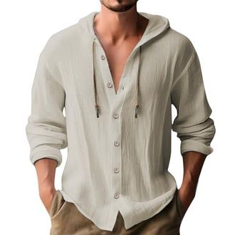 Generic Chemises boutonn&eacute;es en lin pour homme - Haut en coton &agrave; manches longues - T-shirt de plage &agrave; manches longues - Col en V - Chemises en lin boutonn&eacute;es -