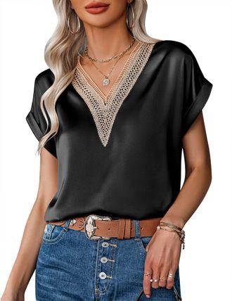 Zeagoo Damen Satin Bluse Elegant Kurzarm Tunika Shirt Sommer Casual T-Shirt Leichte Blusen Tops Schwarz S