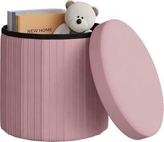 Woltu Pouf Rond avec Rangement, Tabouret de Rangement Pliable, Tabouret avec Couvercle Rembourr&eacute;, Coffre Pouf en Velours, MDF, &Oslash;38xH36 cm, Rose Clair