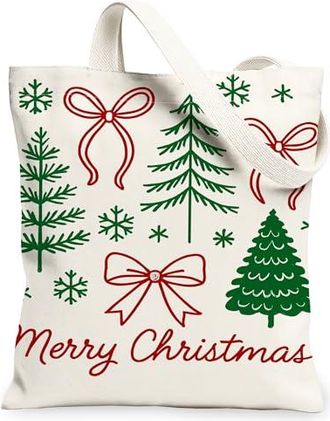 Generic Sacs fourre-tout en toile motif arbre de No&euml;l, sacs d&eacute;picerie r&eacute;utilisables, vintage l&eacute;gers et lavables avec bandouli&egrave;re C, blanc, 13x15 Inch