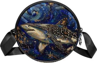 Generic Sac &agrave; bandouli&egrave;re rond rond pour femme, motif requin &eacute;toil&eacute;, avec fermeture &eacute;clair, bretelles r&eacute;glables, style d&eacute;contract&eacute;