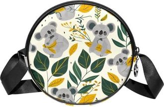 Generic Sac &agrave; bandouli&egrave;re rond pour femme, motif feuilles de koalas, petit sac &agrave; bandouli&egrave;re avec fermeture &eacute;clair, bretelles r&eacute;glables, sac &agrave; main rond d&eacute;con