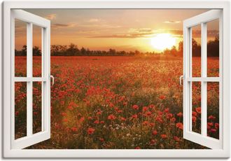 Artland Wanddeko Leinwand Bilder Wandbild 100x70 cm Fensterblick Fenster Natur Botanik Blumen Mohnblumen Sonnenuntergang T5ZO