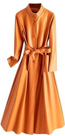 Generic Vestes longues en similicuir pour femme - Col montant - Trench - Blazer &agrave; simple boutonnage ouvert sur le devant - Avec ceinture, Orange, 4XL