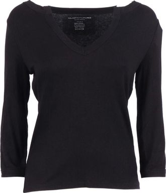 Majestic Filatures Femme, Pulls, Noir, Taille: 44 FR T-shirt &agrave; col en V et manches trois-quarts