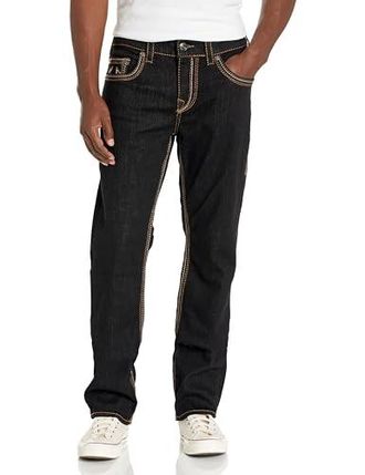 True Religion Brand Jeans Mens Ricky Straight Big QT Stitch Flap Jean, Black Rinse