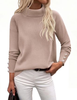 Zeagoo Pullover Damen Rollkragenshirt Winter Elegant Rollkragen Strickpullover Langarm Warm Pulli Gestrickt High Neck Obertiele Herbst Winter Khaki S