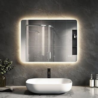 SVNR Miroir de salle de bain avec r&eacute;tro&eacute;clairage, miroir cosm&eacute;tique mural &agrave; LED avec verre sans cuivre de 4 mm, cadre en aluminium, contr&ocirc;le double touche,