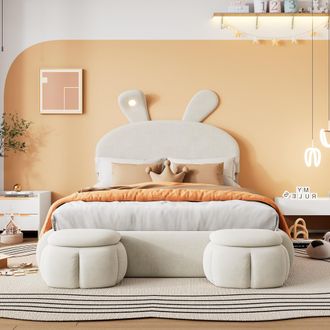 Generic Lexiou 140x200cm Polsterbett, Doppelbett, hydraulisches Bett, Hasenohren mit Einstellbarer Helligkeit warmfarbenen Lichtstreifen, Stauraum unter dem B