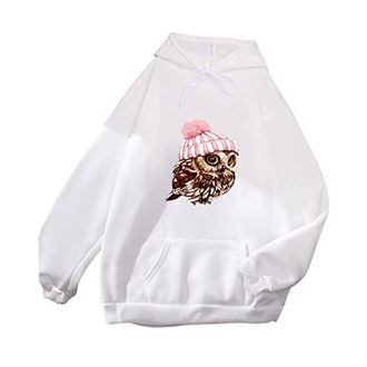Generic Sweat &agrave; capuche mignon &agrave; manches longues pour femme, imprim&eacute; hibou, imprim&eacute; animal, haut pour adolescentes, v&ecirc;tements esth&eacute;tiques, blanc, XXL