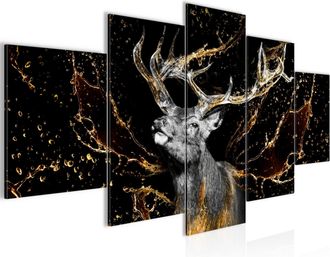 Runa Art Bild Wohnzimmer Schlafzimmer Hirsch 5 Teilig Tiere Schwarz Gold Wandbilder auf Vlies Leinwand 042453a