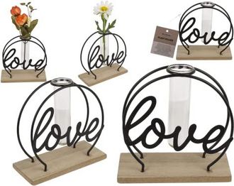 Out of the Blue Metall-Pflanzenhalter auf Holzplatte, Love, mit Reagenzglas ca. 13 x 5 x 13,5 cm, Schwarz